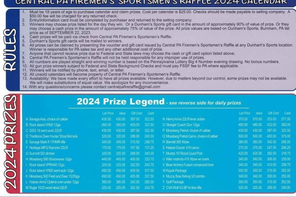 -Central PA Fireman’s Sportsman’s 2024 Raffle Calendars Available ...